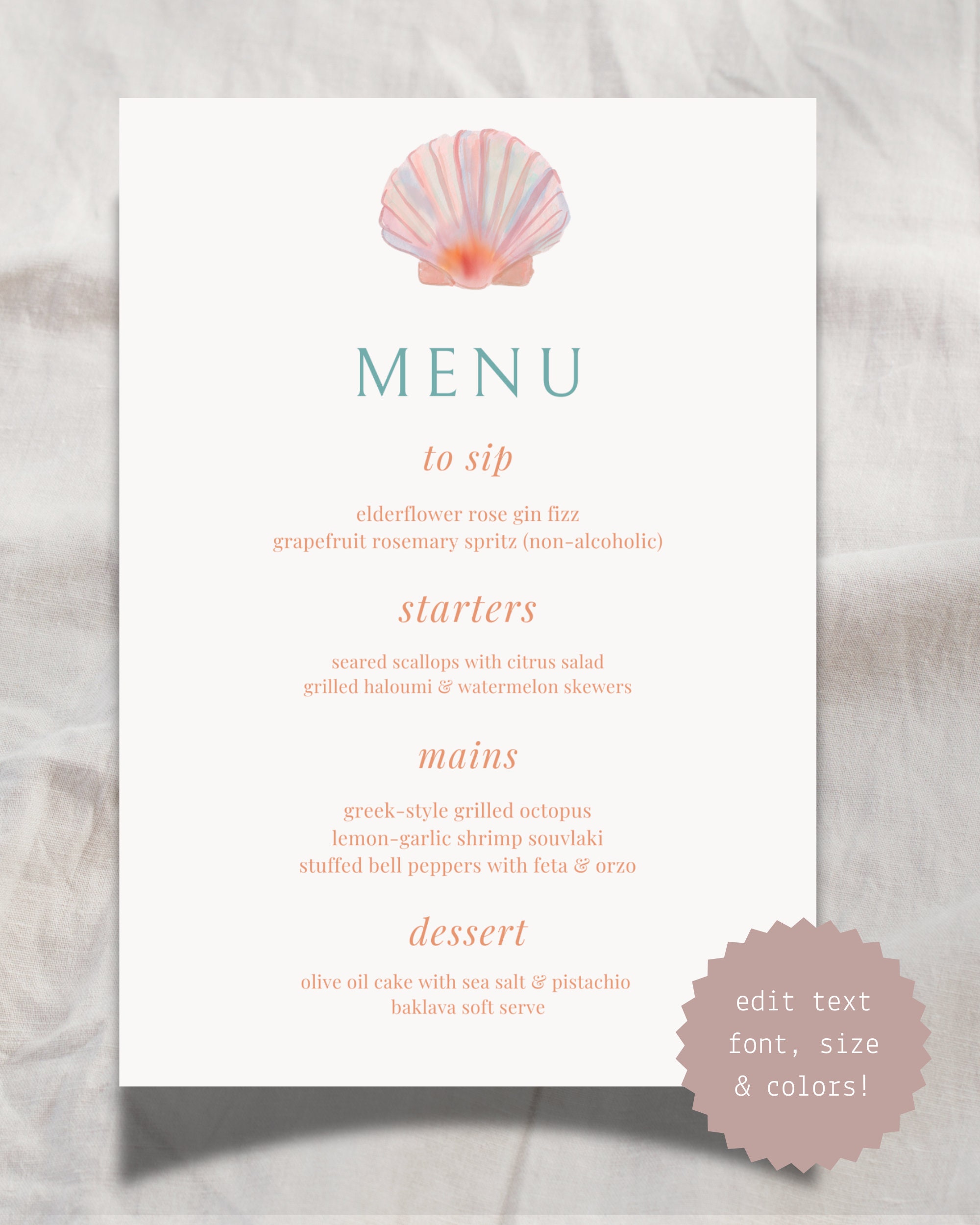 Coastal Seashell Menu | Hand Drawn | Dinner Party | Beach Wedding ...