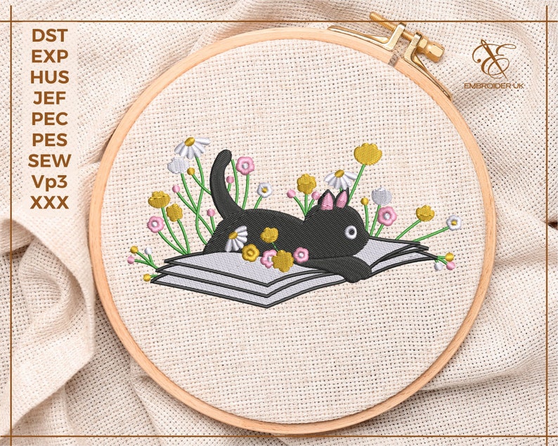 Cat Book Floral Embroidery Design, Cat Laying on Book Machine ...