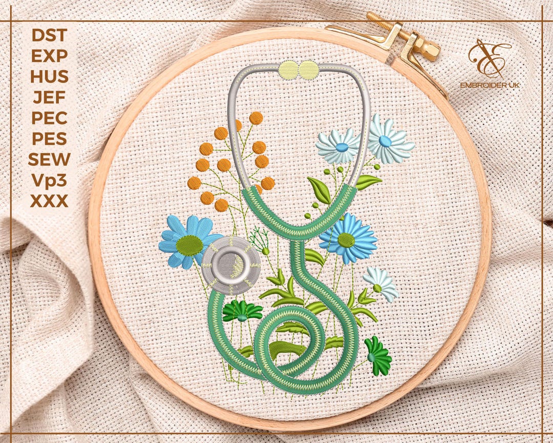 Floral Stethoscope Embroidery Design, Floral Nurse Machine Embroidery ...
