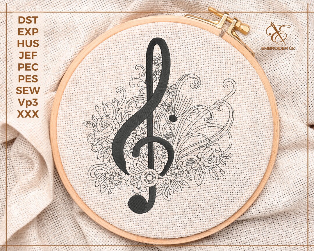 Treble Clef Embroidery Design, Creations for Music Enthusiast, Floral ...