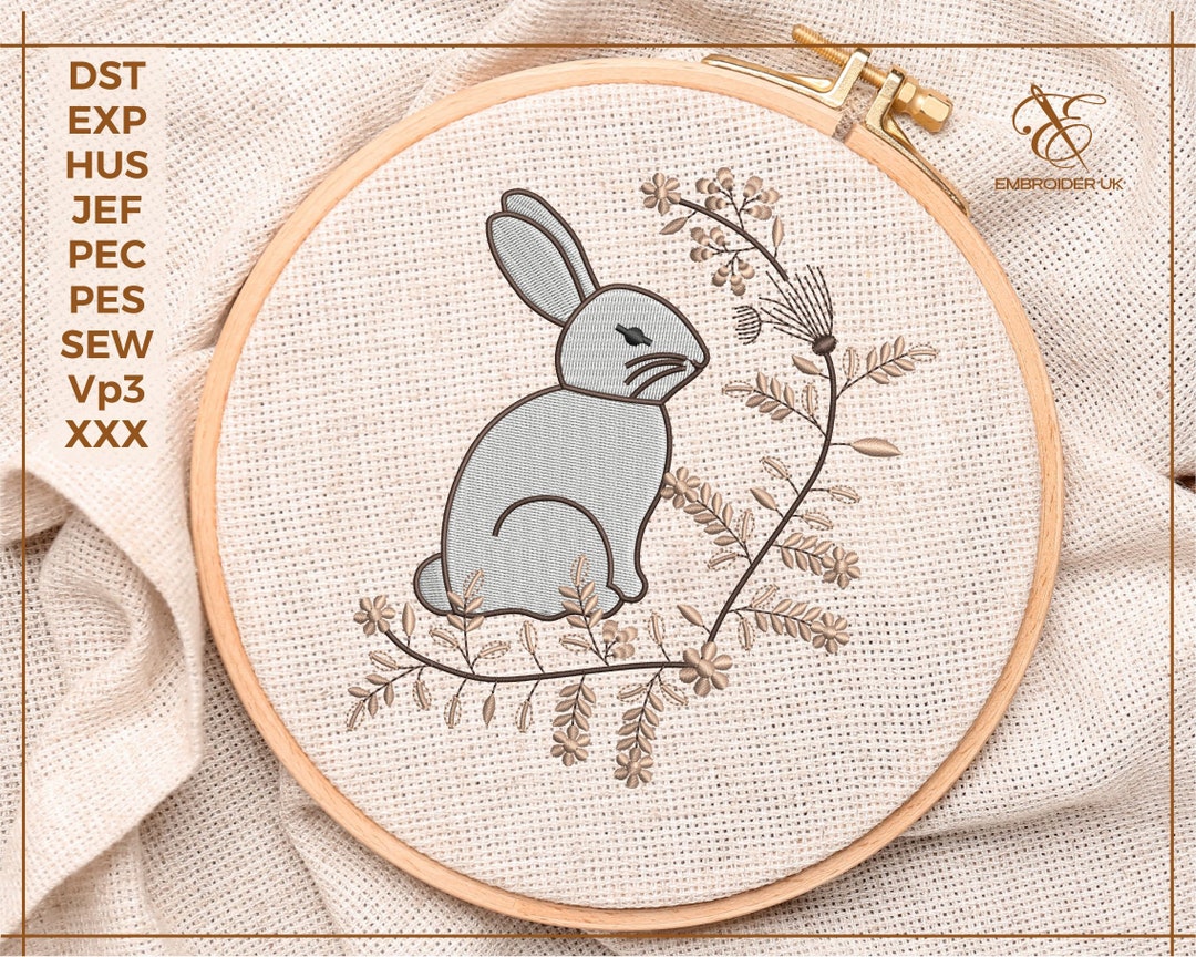 Digital Cute Rabbit Embroidery Design, Aesthetic Rabbit With Flower ...