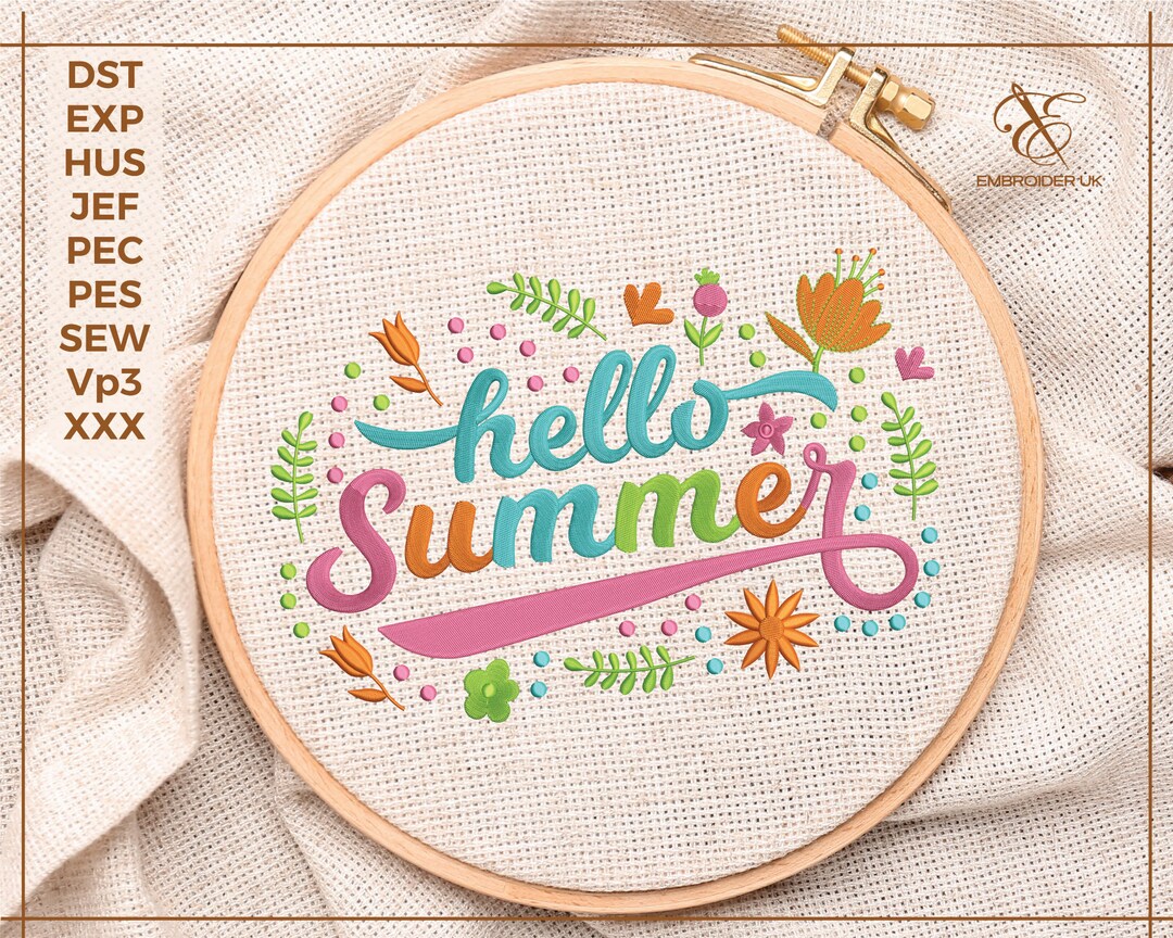 Hello Summer Embroidery Design, Summer Vibes Embroidery Pattern, Floral ...