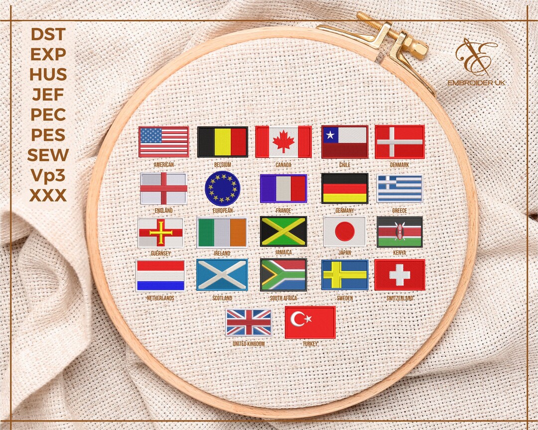 World Country Flags Machine Embroidery, 12 Flags Embroidery Design ...