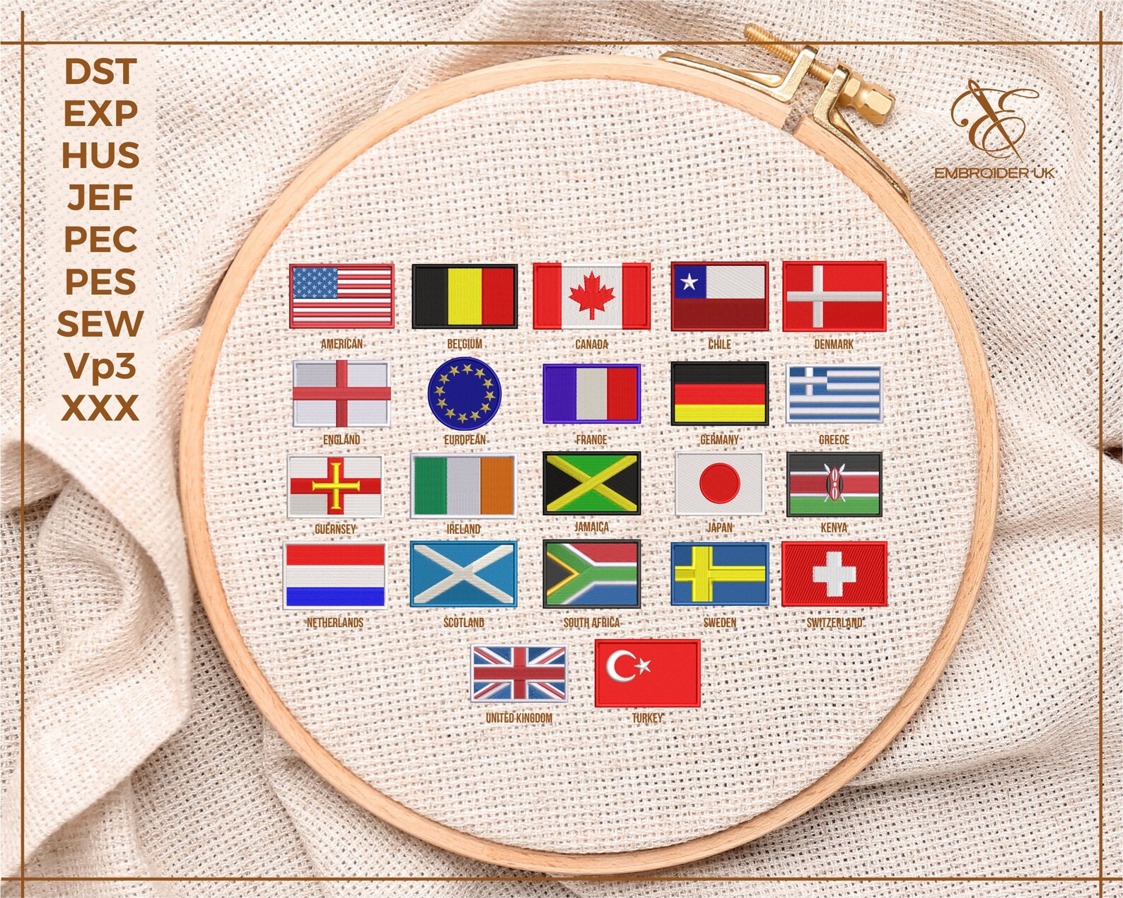 World Country Flags Machine Embroidery, 12 Flags Embroidery Design ...