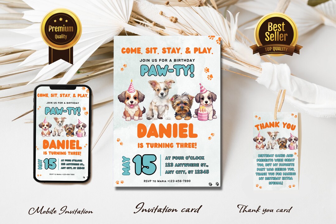 Editable Cute Dogs Theme Invitation Template | Boy and Girl Birthday ...
