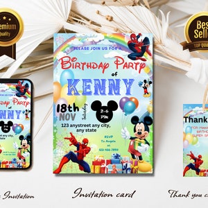 Editable Mickey and Spiderman Birthday Invitation Template| Mickey ...