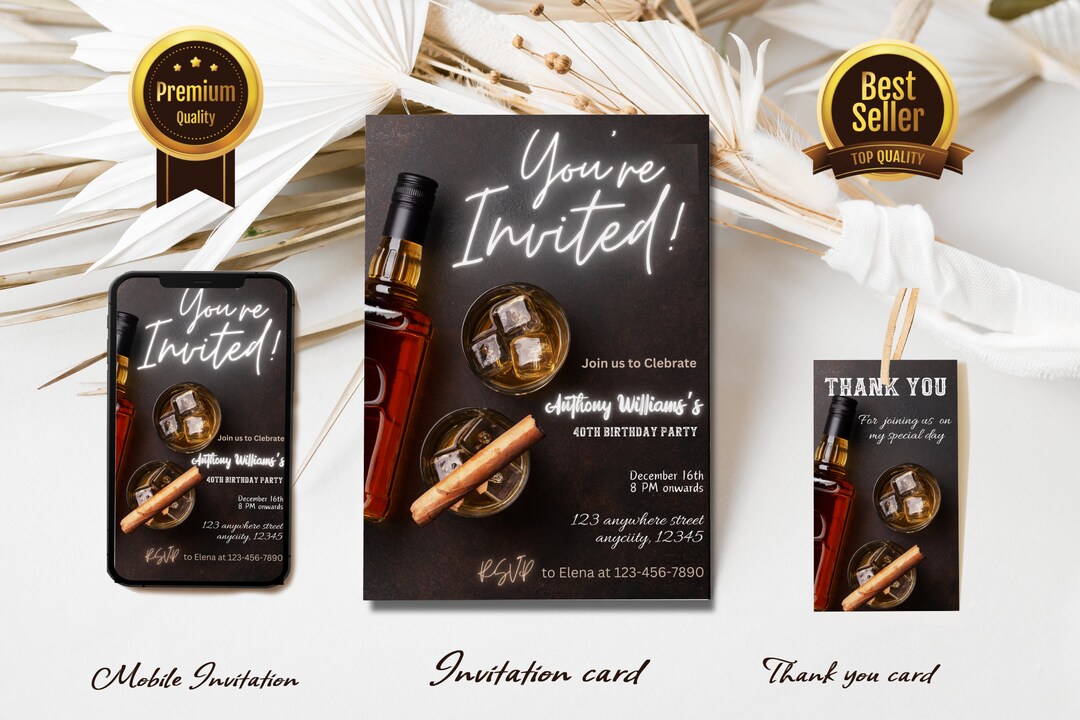 Editable Whiskey and Cigar Birthday Invitation Template Adult Birthday ...