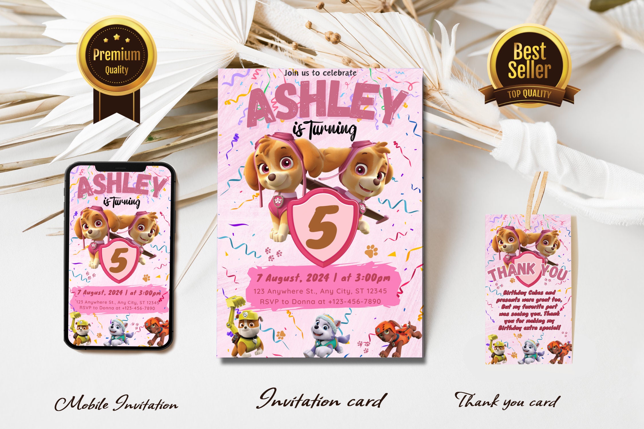 Editable Paw-ty Theme Invitation Template Girl Pink Birthday Party Kids ...