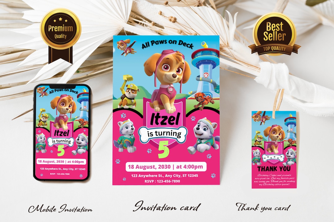 Editable Paw-ty Theme Invitation Template | Girl Pink Birthday Party ...