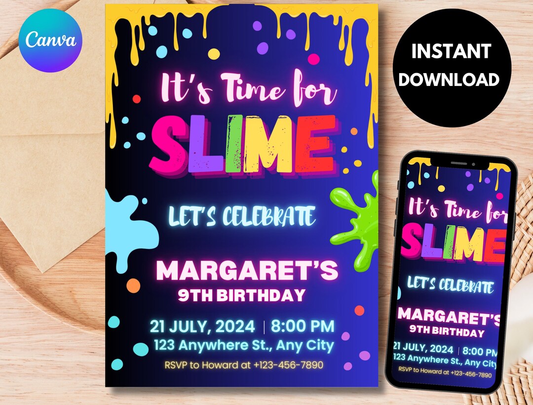 Editable Slime Invitation Glow Slime Invitation Neon Slime Birthday ...