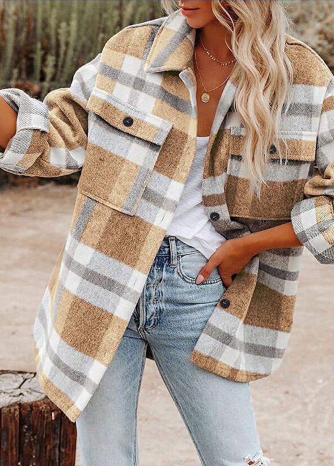 Plaid Jacket Shacket With Front Flap Pockets Flannel Yellow Gray - Etsy