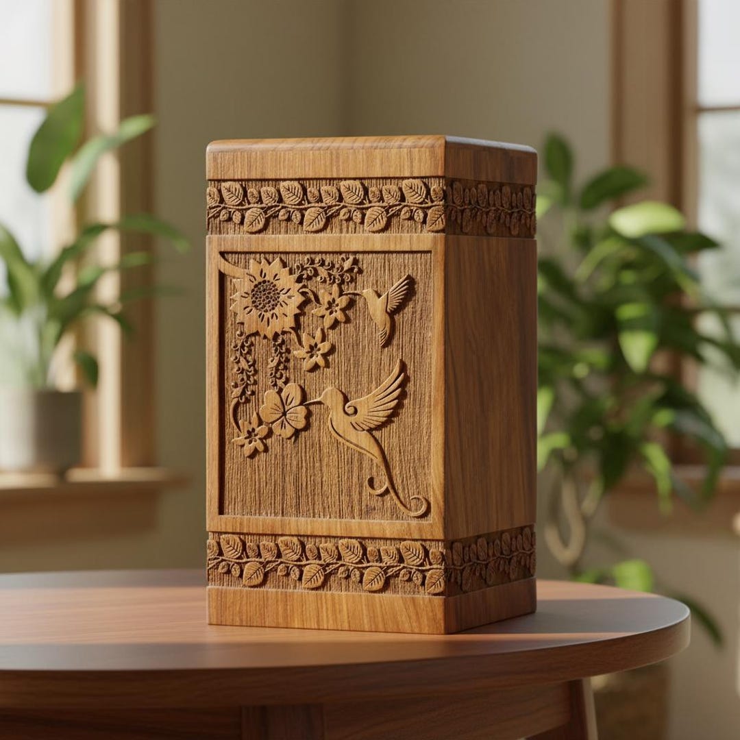 Handcrafted Wooden Cremation Urn Box With Hummingbird and Floral ...