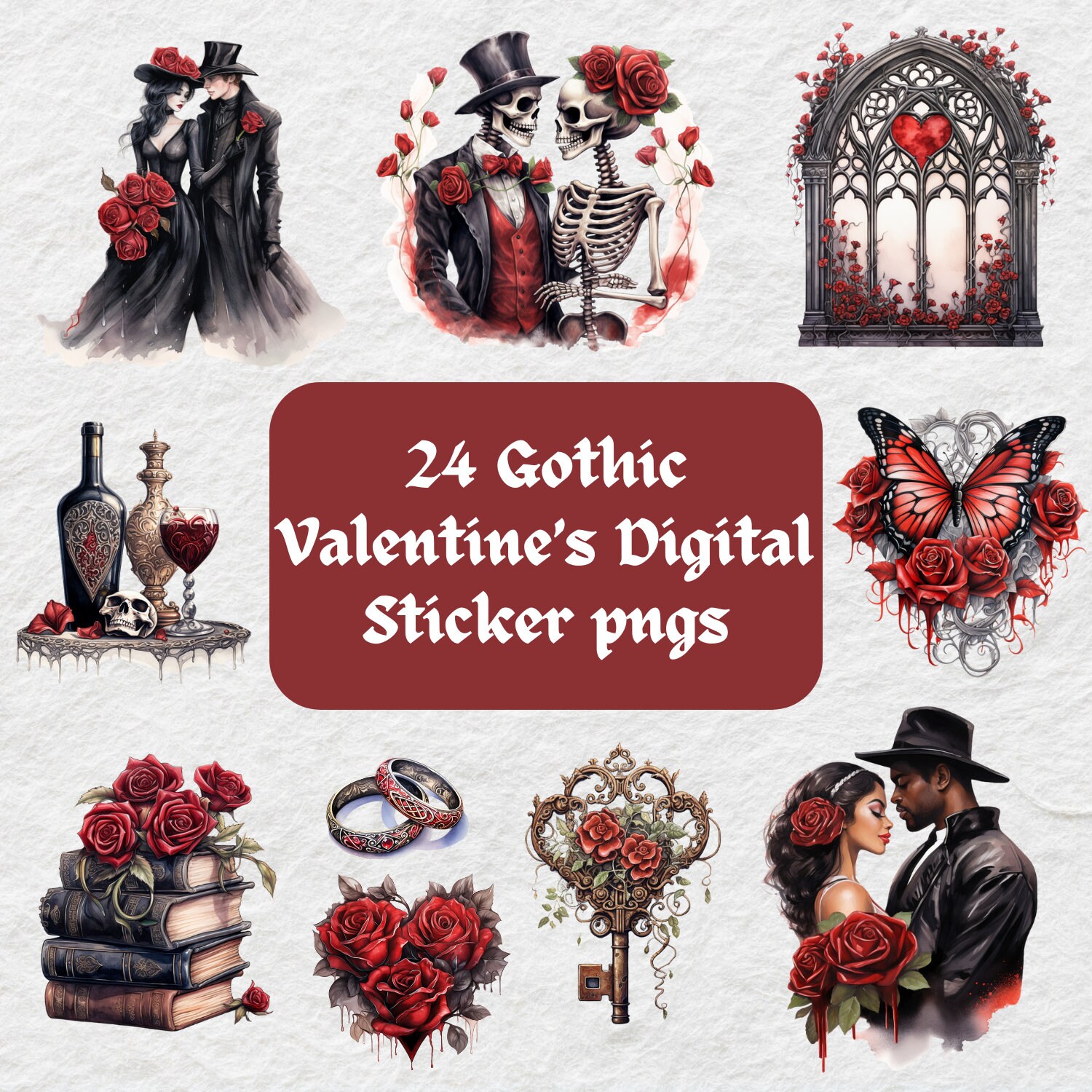 Gothic Valentines Clipart Bundle, Digital Sticker Pngs, Dark Valentines ...