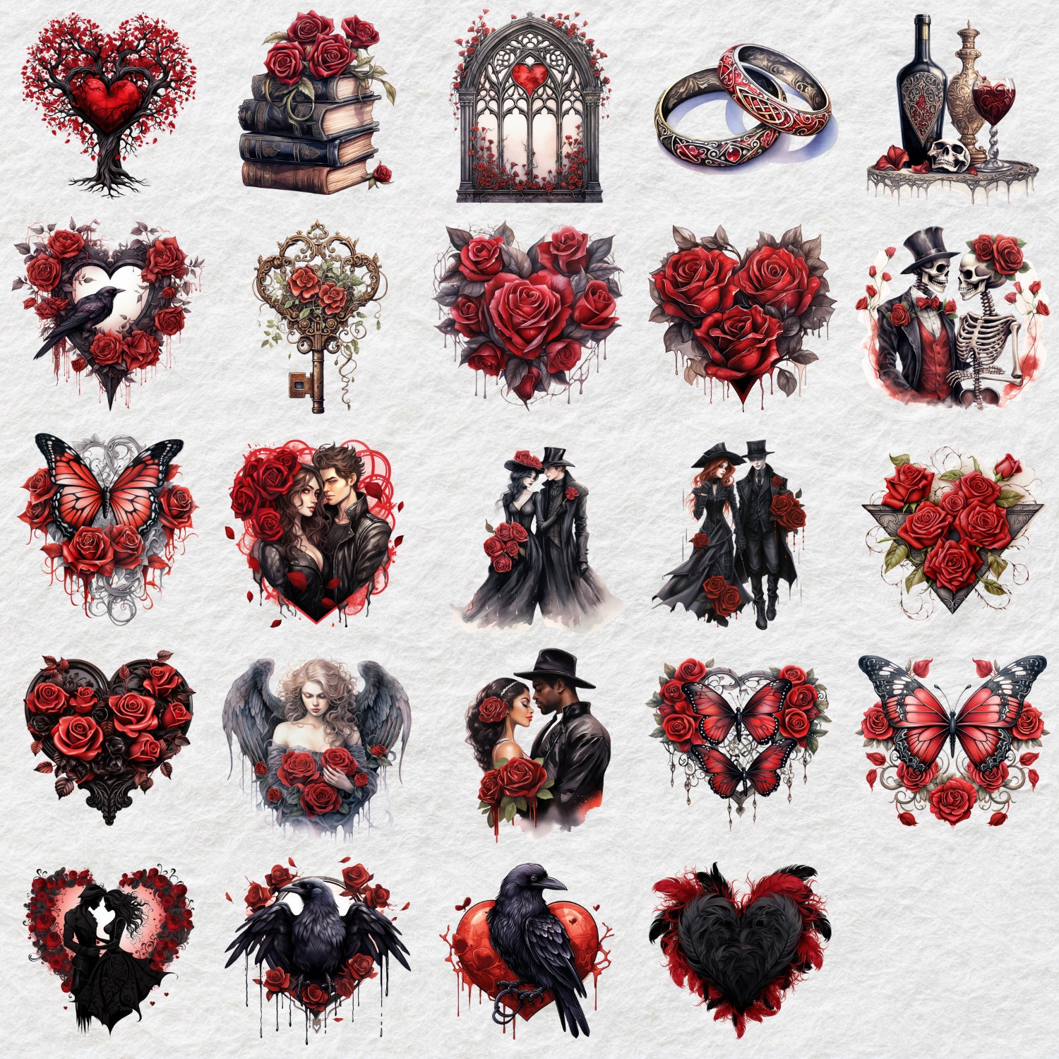Gothic Valentines Clipart Bundle, Digital Sticker Pngs, Dark Valentines ...