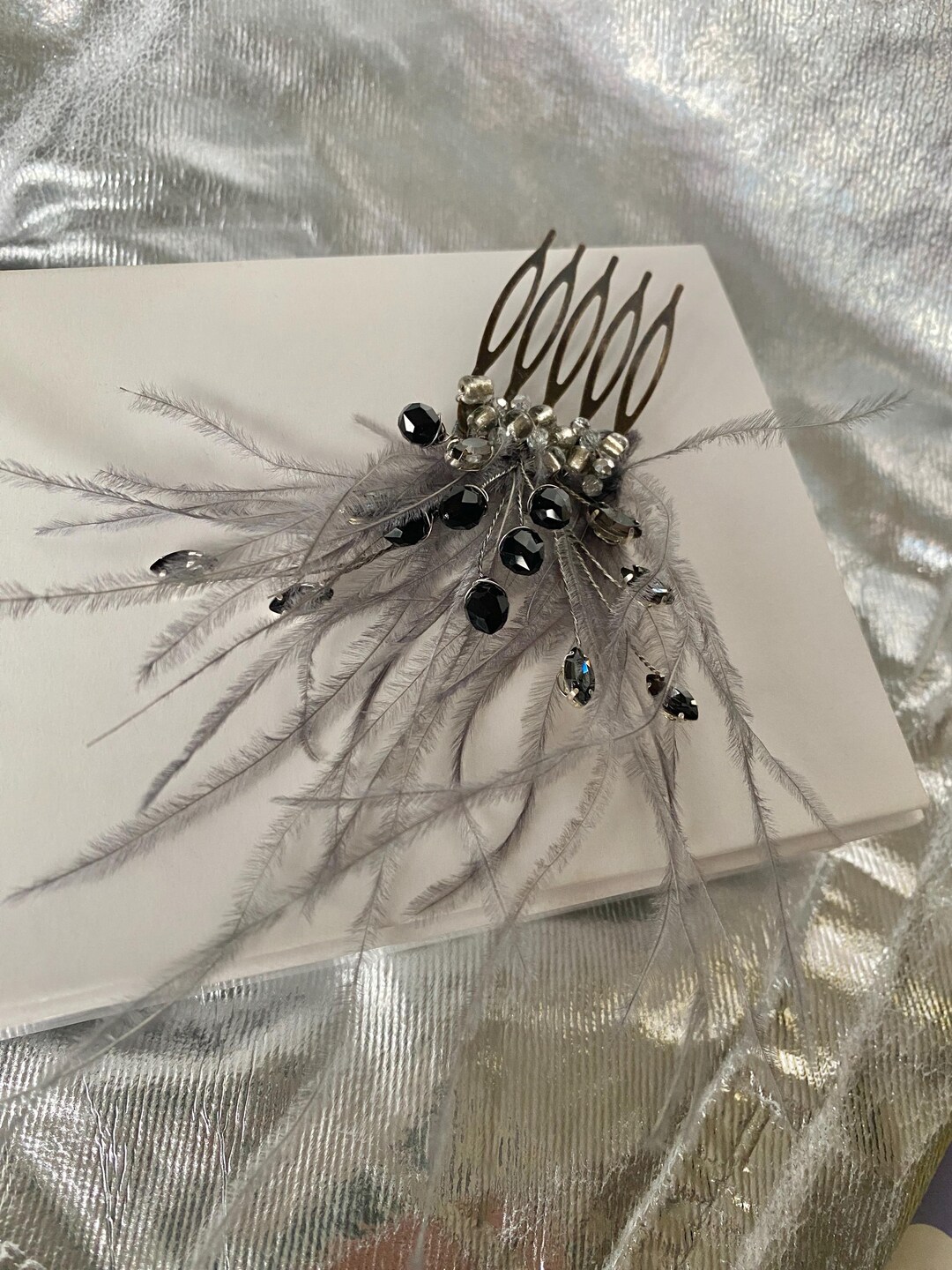 Vintage Feather Accessory for Hair, Wedding Hair Comb With Grey Ostrich ...