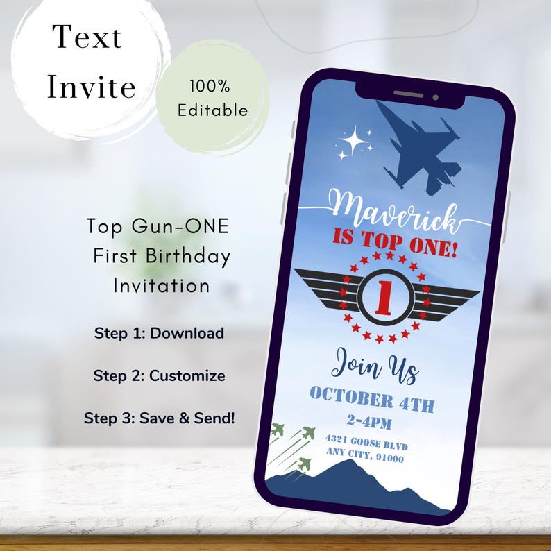 Top Gun One Birthday, Top Gun Invitation, Top One Birthday Invite ...