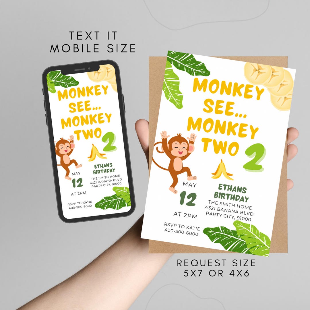 Monkey See Monkey Two, 2nd Birthday Monkey Invitation, Birthday Monkey ...