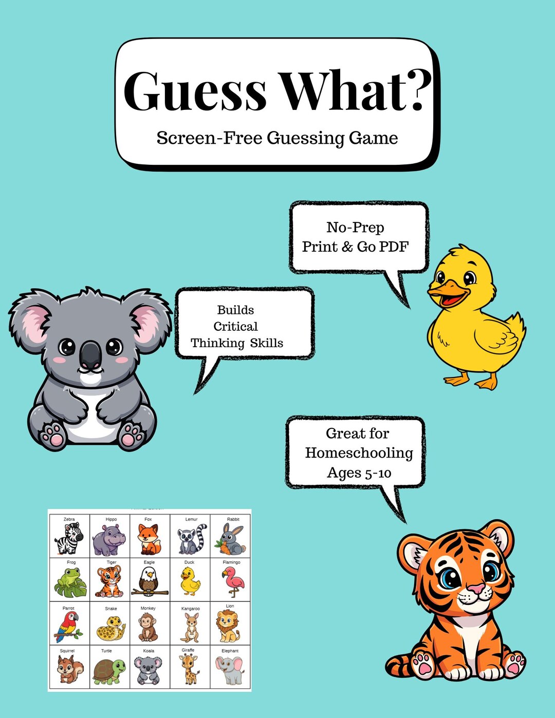 Guess What? Screen-free Printable Guessing Game-animals- Kids Ages 5 ...