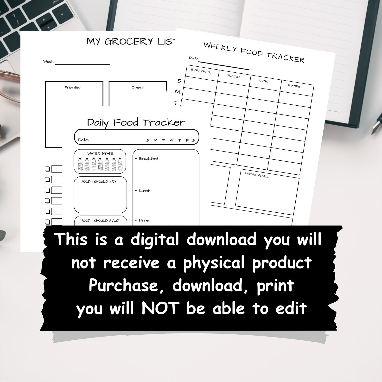 Printable Food Tracker, Meal Planner, Printable Grocery List, Weekly ...