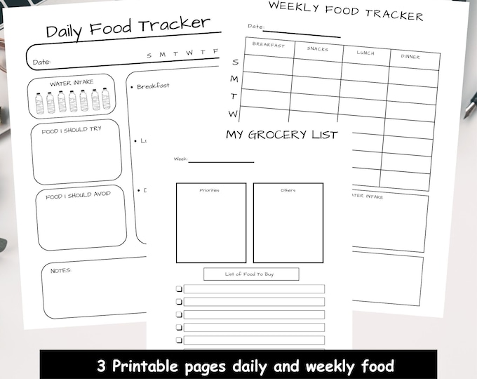 Printable Food Tracker, Meal Planner, Printable Grocery List, Weekly ...