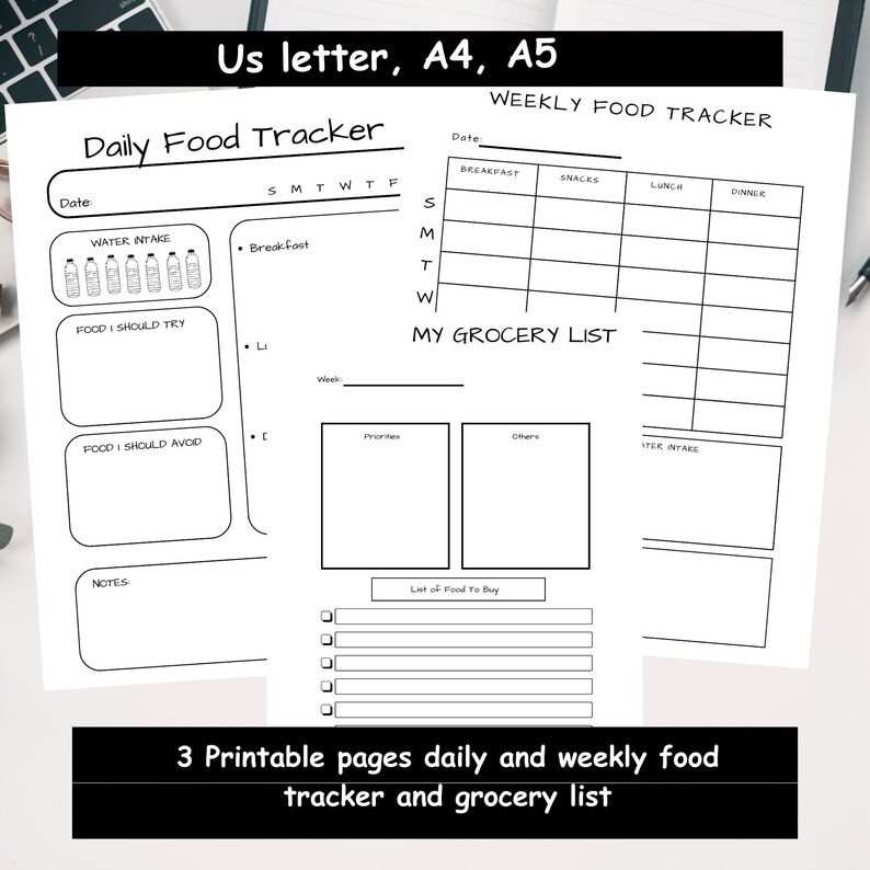 Printable Food Tracker, Meal Planner, Printable Grocery List, Weekly ...