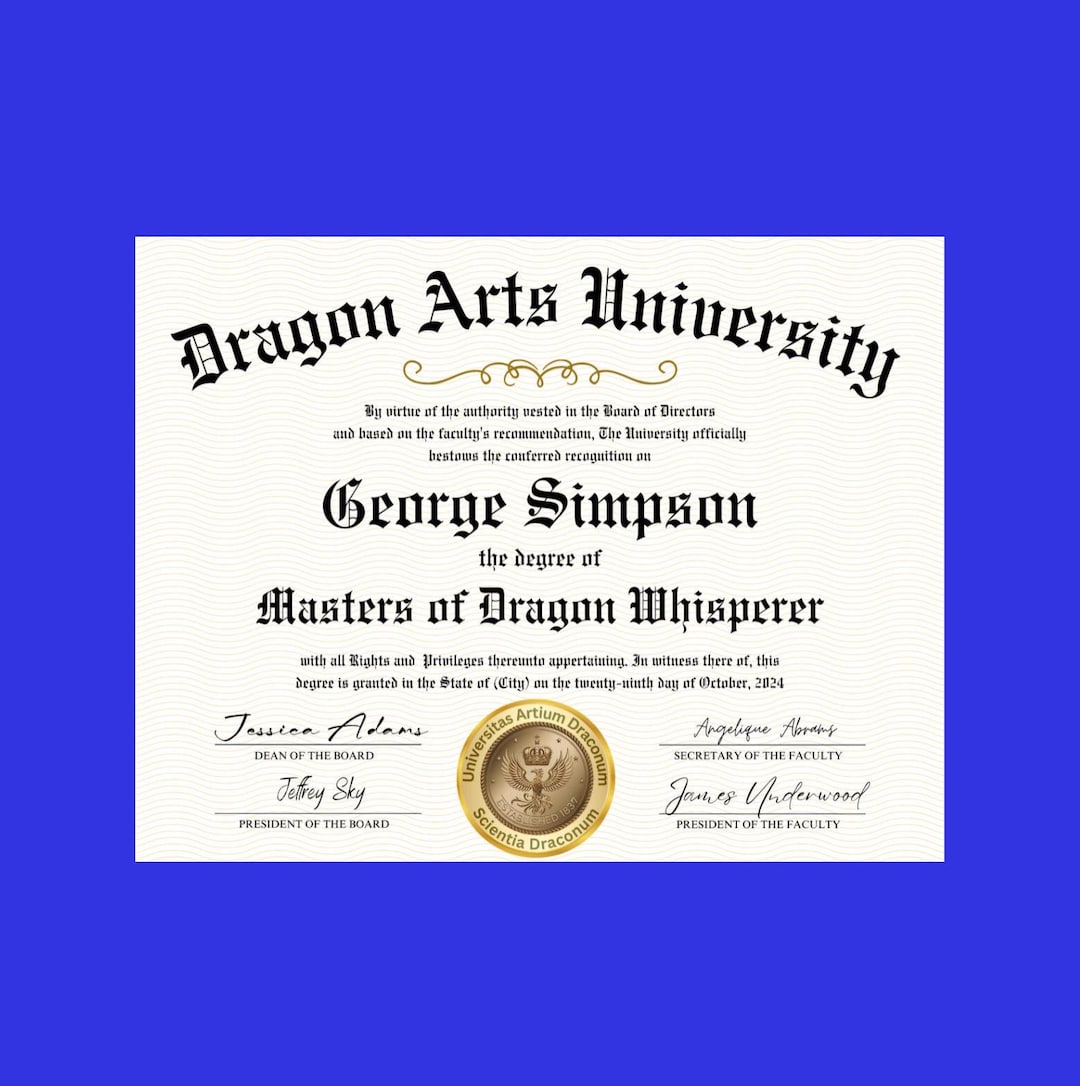 Dragon Whisperer Diploma With Gold Seal, Printable, Replica, Degree ...