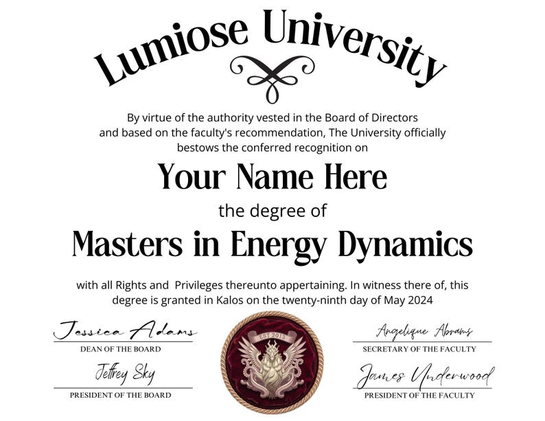 Lumiose University Diploma With Gold Seal, Printable, Replica, Degree ...