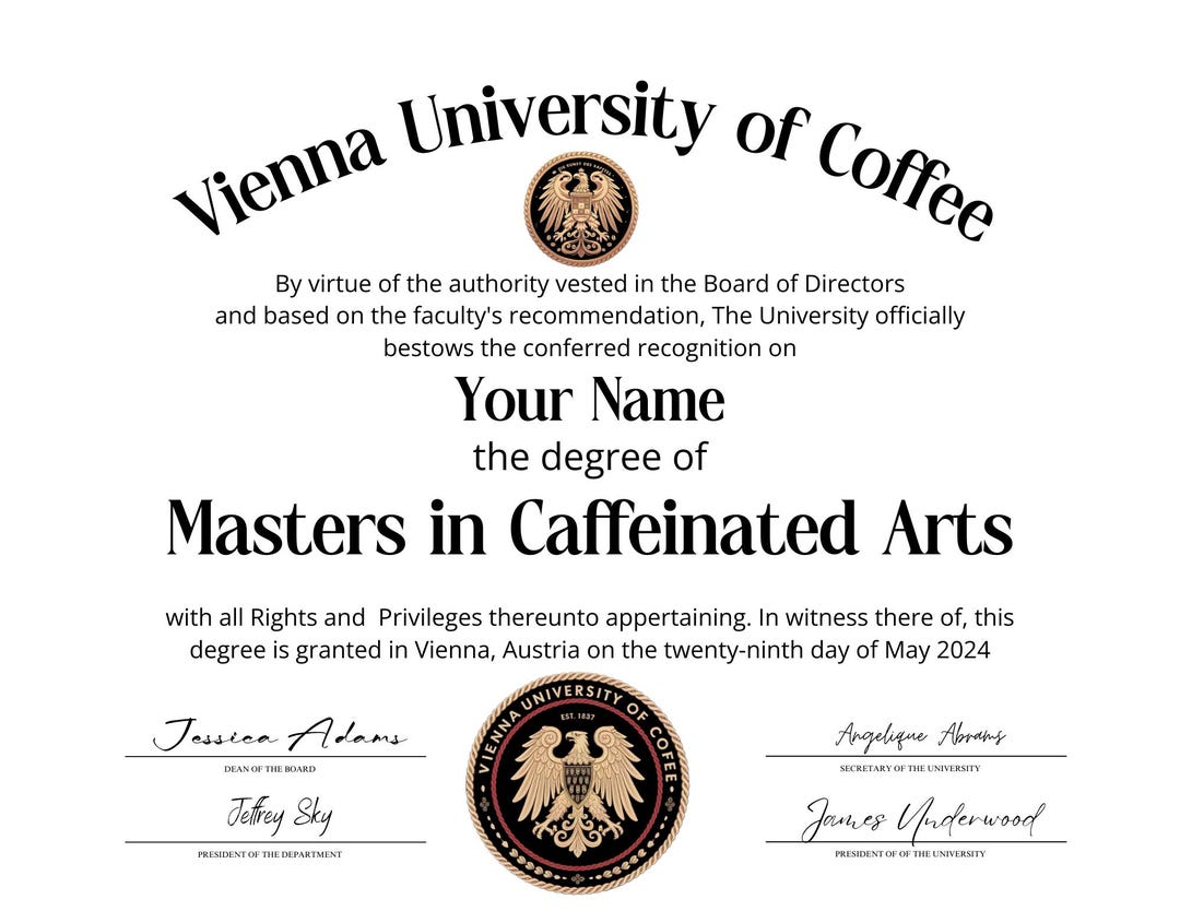 Vienna University of Coffee Diploma With Gold Seal, Printable, Replica ...