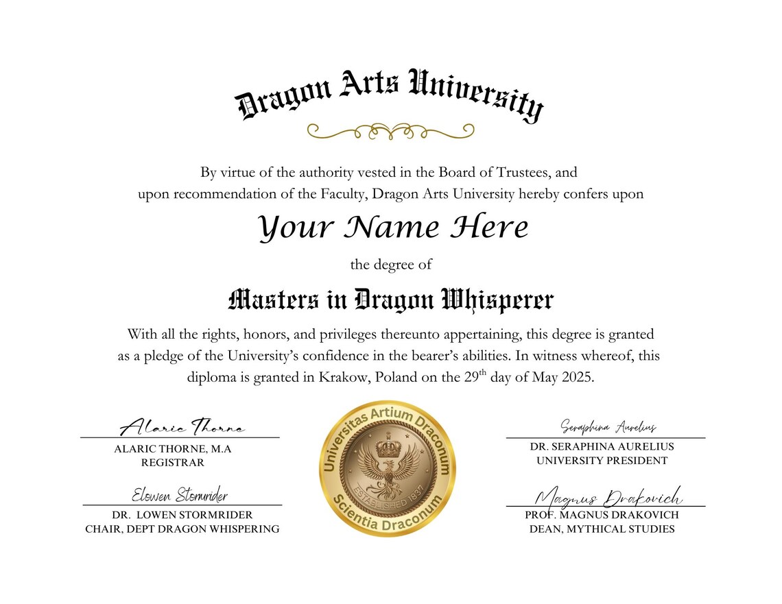 Dragon Whisperer Diploma With Gold Seal, Printable, Replica, Degree ...