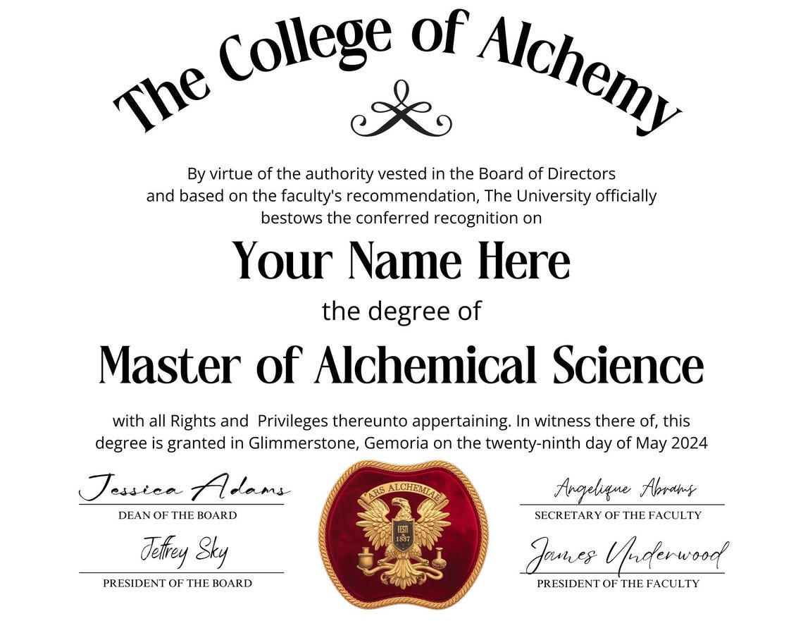 Alchemy University Diploma With Gold Seal, Printable, Replica, Degree ...