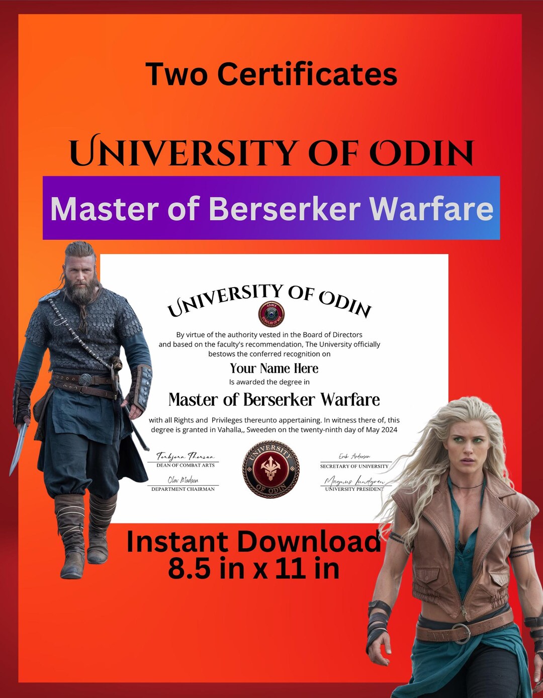 University of Odin Diploma With Gold Seal, Printable, Replica, Degree ...