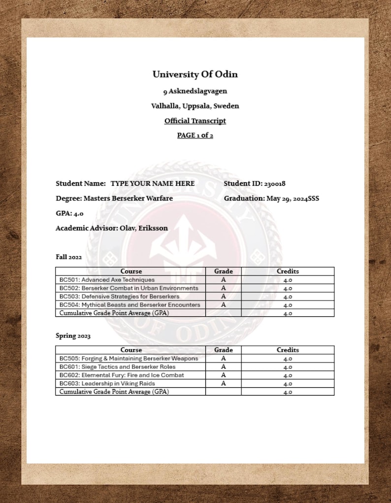 Mythical University Transcript – Funny Printable Gag Gift, Gamer ...