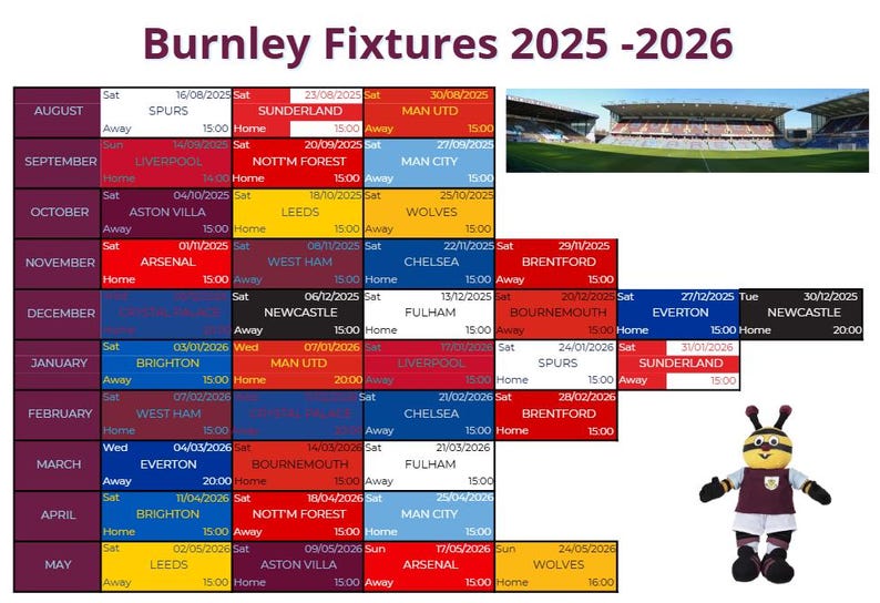 Burnley FC 2025/26 Premier League Fixtures Poster (digital Download) - Etsy