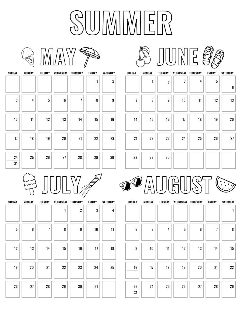 2026 4 Month Summer Calendar for Kids Printable Wall Planner With ...