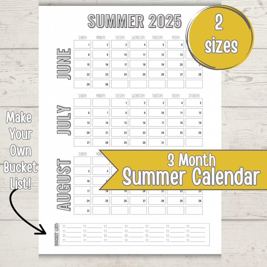 Large Summer Calendar for Kids | Printable Wall Planner With Bucket ...