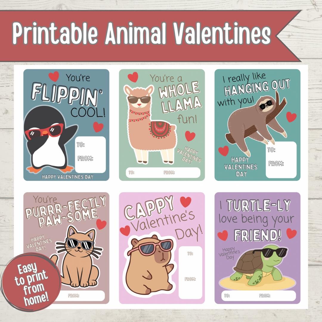 Funny Cute Animal Valentine Cards for Kids Penguin Sloth Llama Turtle ...