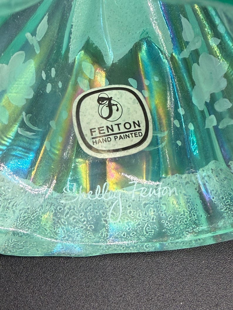 Fenton Art Glass | Iridescent Green Girl Figurine With Flowers, Signed ...