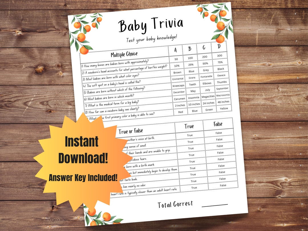 Cutie Baby Shower Trivia Game, Orange Theme (PDF Download) - Etsy