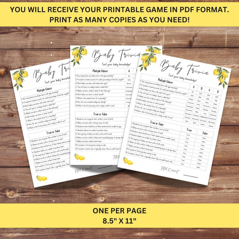 Lemon Baby Shower Game Lemon Baby Trivia Little Baby Lemon Theme Shower ...