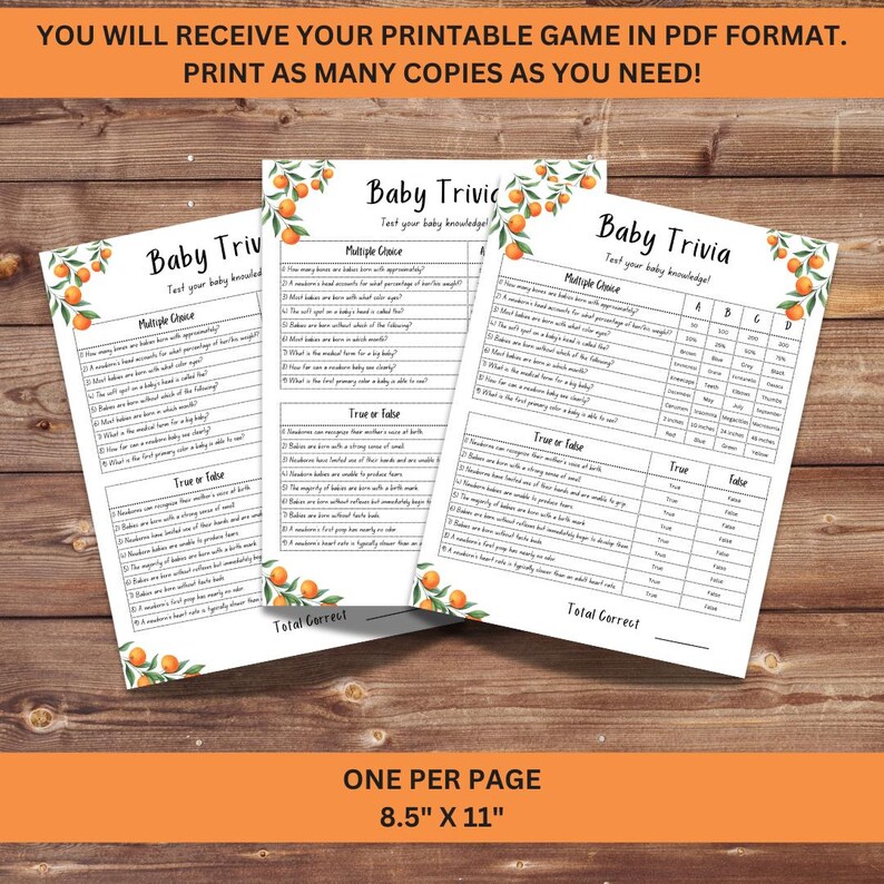 Cutie Baby Shower Trivia Game, Orange Theme (PDF Download) - Etsy