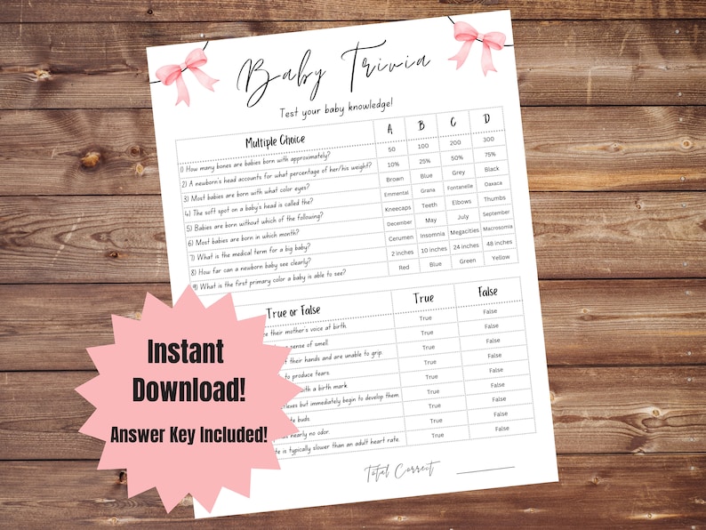Baby Trivia Game Baby Shower Trivia Bow Baby Shower Game Baby Shower ...