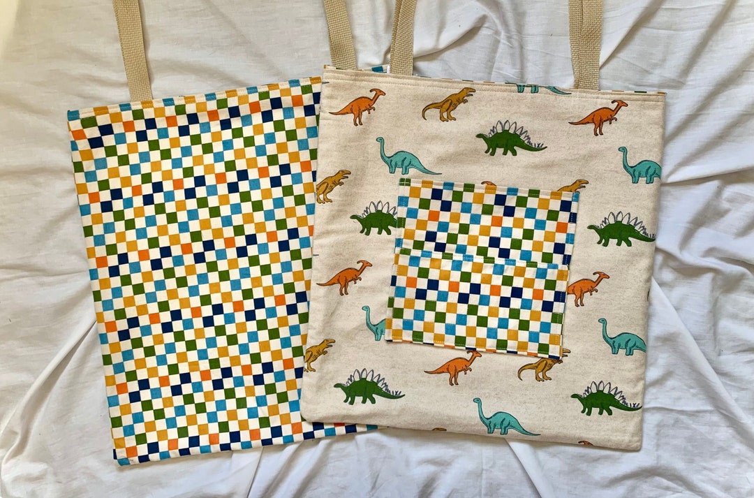 Dinosaur Tote Bag, Checkered Tote Bag, Diaper Bag, Kids Toy Bag ...