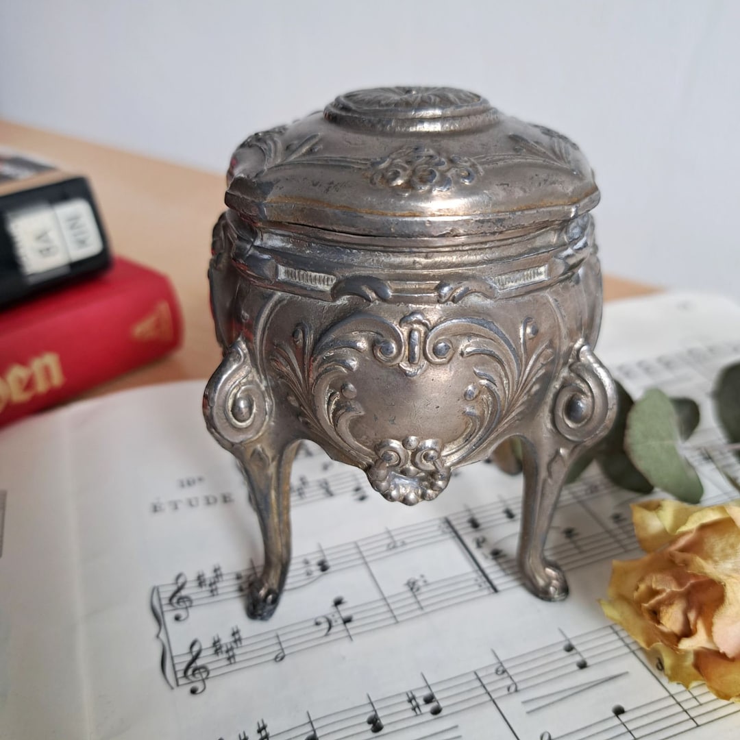 Vintage Silver Metal Jewelry Box/ Antique Embossed Jewelry Box/ Metal ...