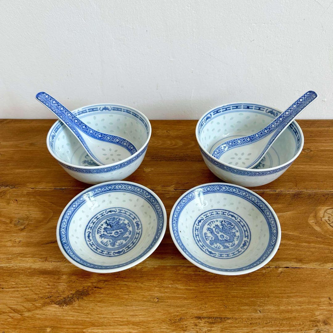 Set of Vintage Chinese Rice Grain Jingdezhen Porcelain Bowls and Spoons ...