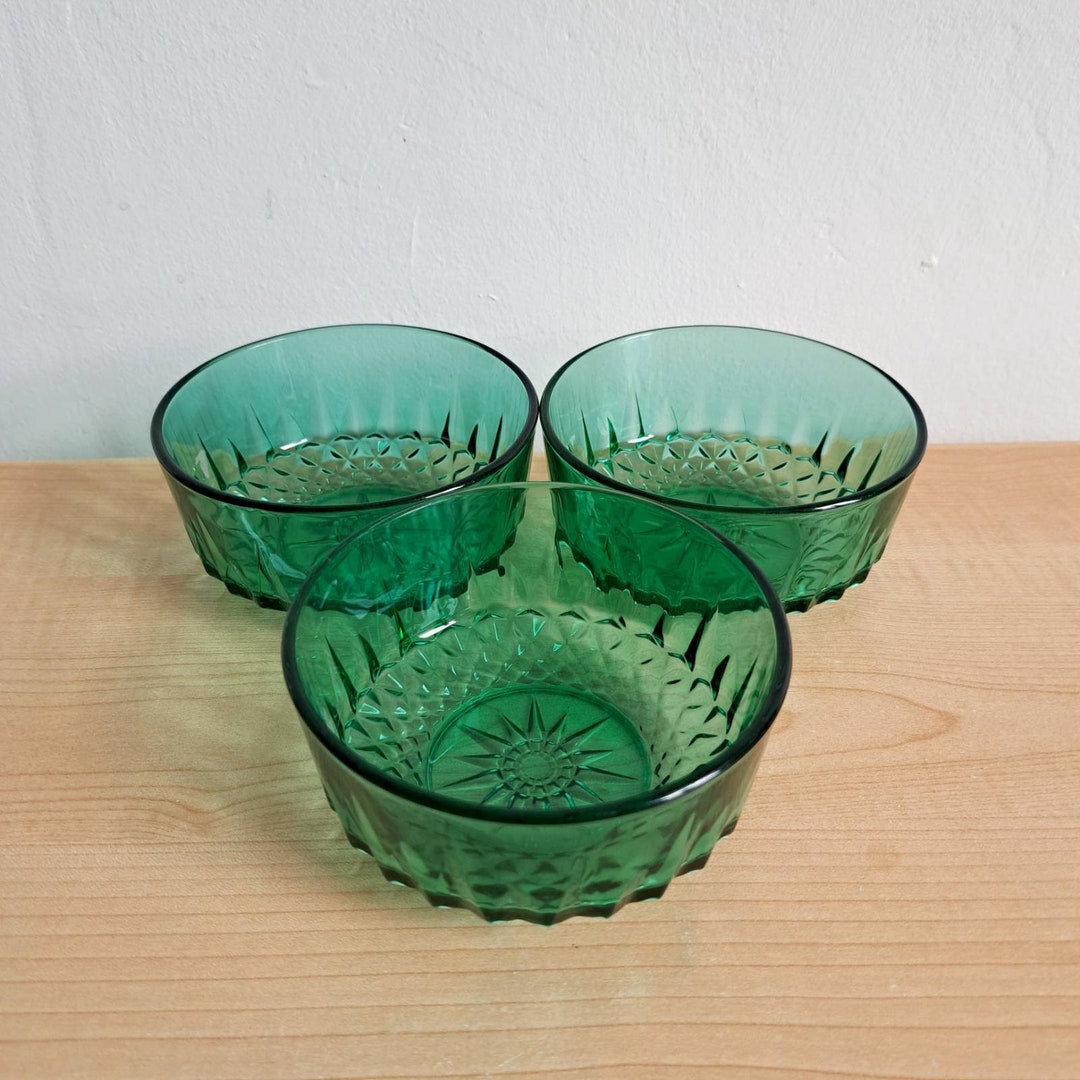 Vintage Glass Bowls Arcoroc France / 3 Emerald Green Cups/ Green Salad ...