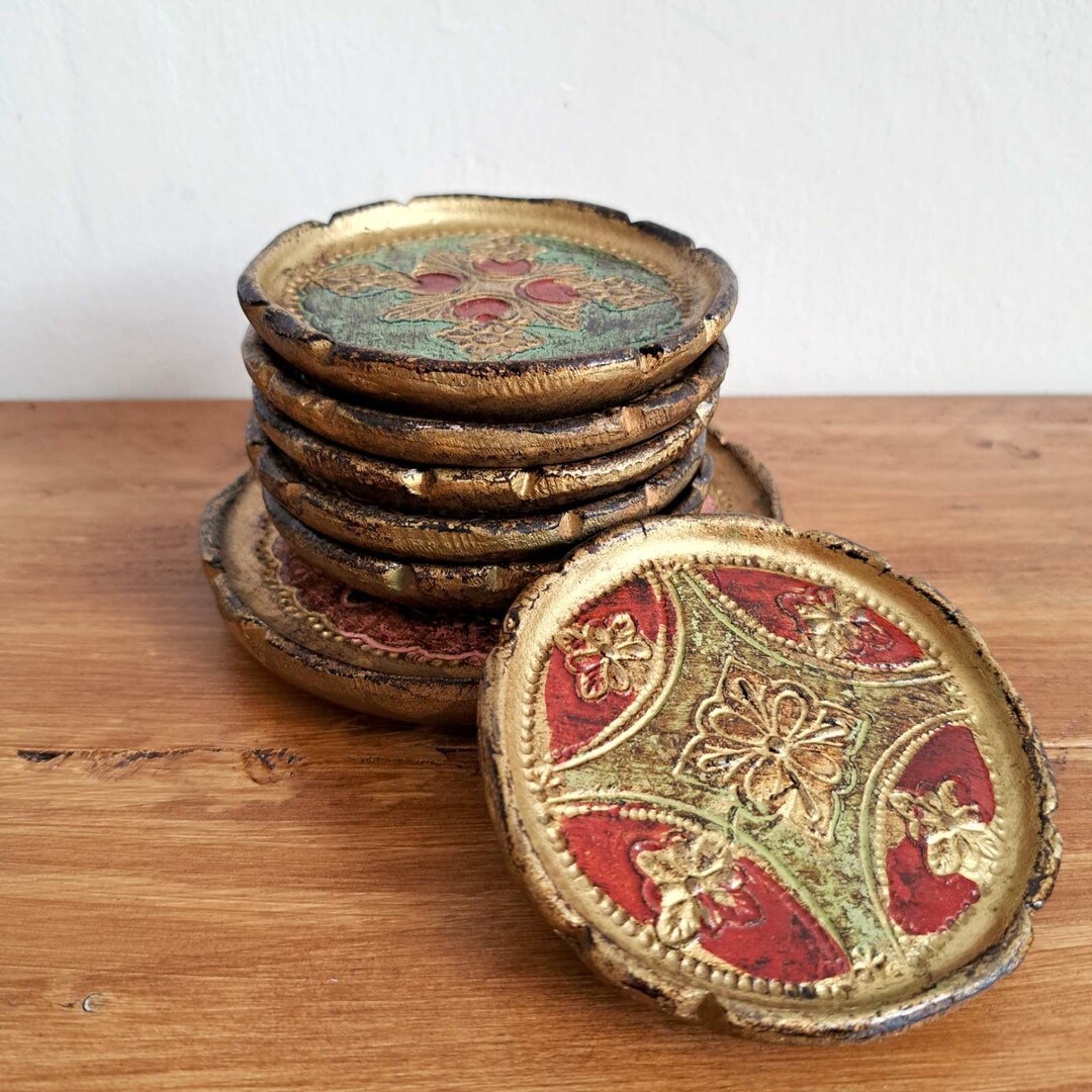 Set of 7 Florentine Wood Coaster/ Vintage Table Decoration/ Italy Wood ...