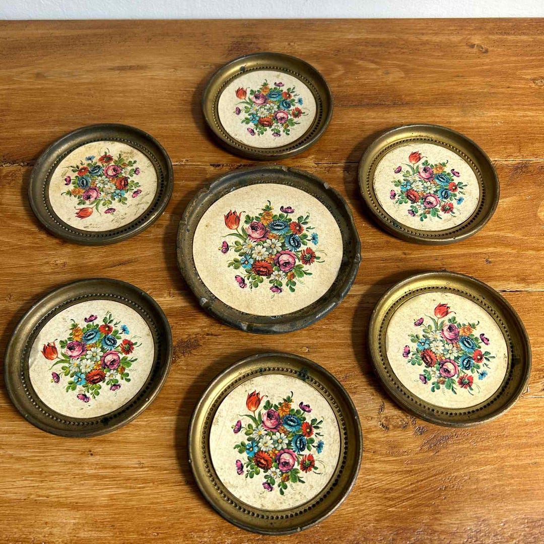 Set of 7 Florentine Coasters/ Vintage Table Decoration/ Italy Coasters ...