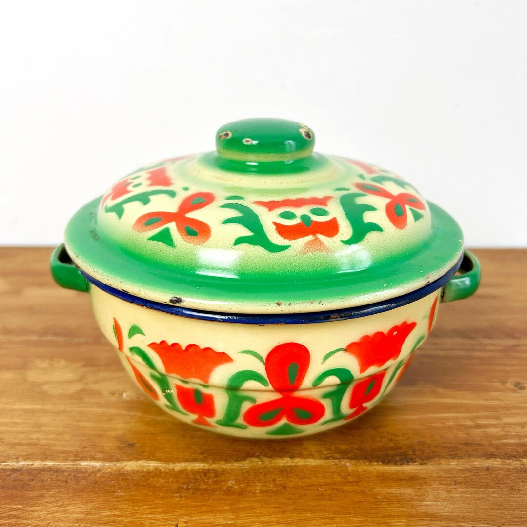 Vintage Enamel Tureen French Floral Enamelware Casserole Pan Art Deco ...