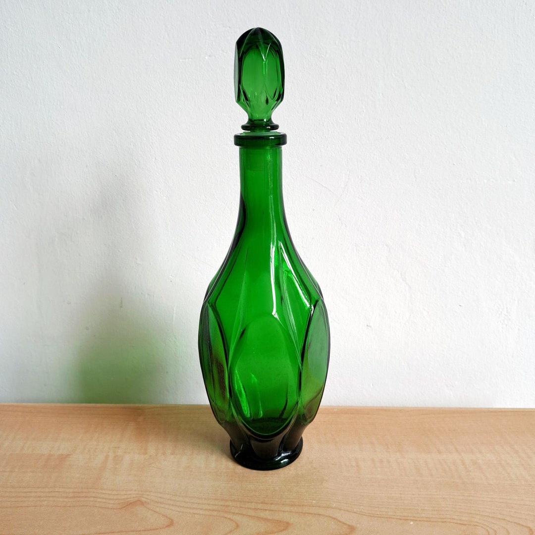 Vintage Green Glass Decanter With Stopper/ Pressed Green Glass/ Vintage ...
