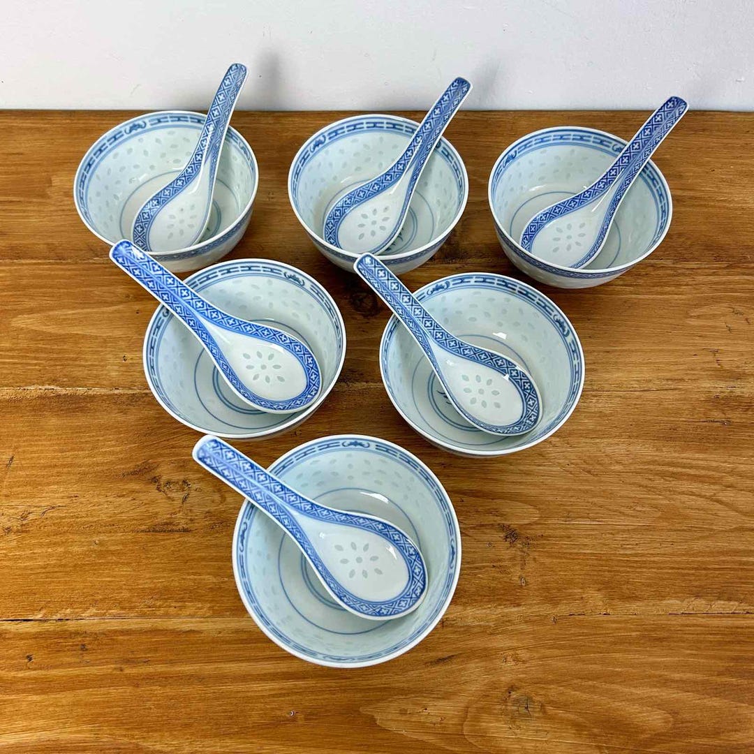 Set of 6 Chinese Rice Grain Bowls and Spoons Jingdezhen Porcelain ...